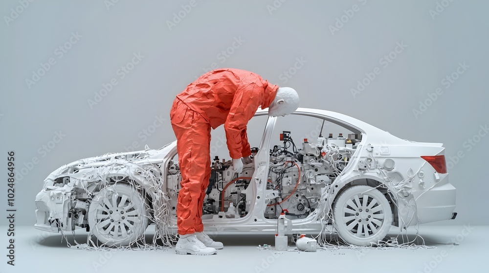 Skilled Mechanic Bent Over Engine of Car Showing Fatigue and Strain ...