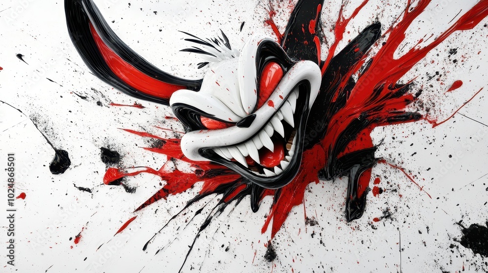 Stylized graphic of a character with an exaggerated smile, sharp teeth ...