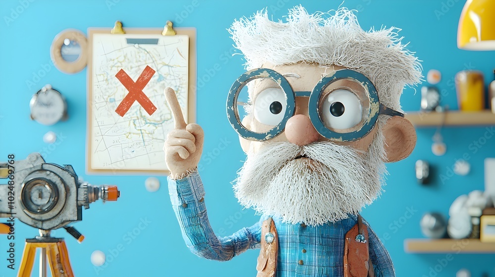 Whimsical 3D clay sculpture of a curious detective character examining ...