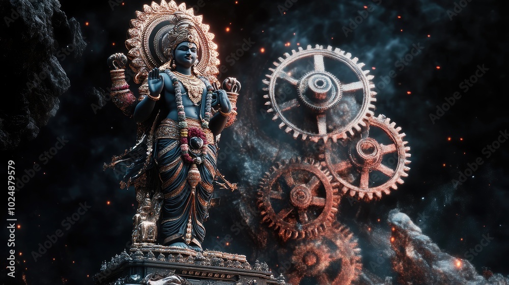 A majestic image of Lord Vishnu on a pedestal, with intricate cogwheels ...