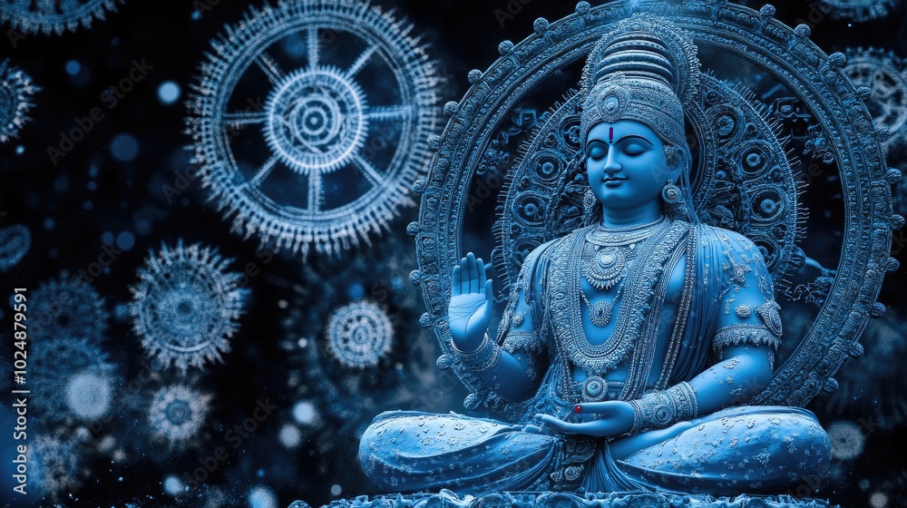 A majestic image of Lord Vishnu on a pedestal, with intricate cogwheels ...