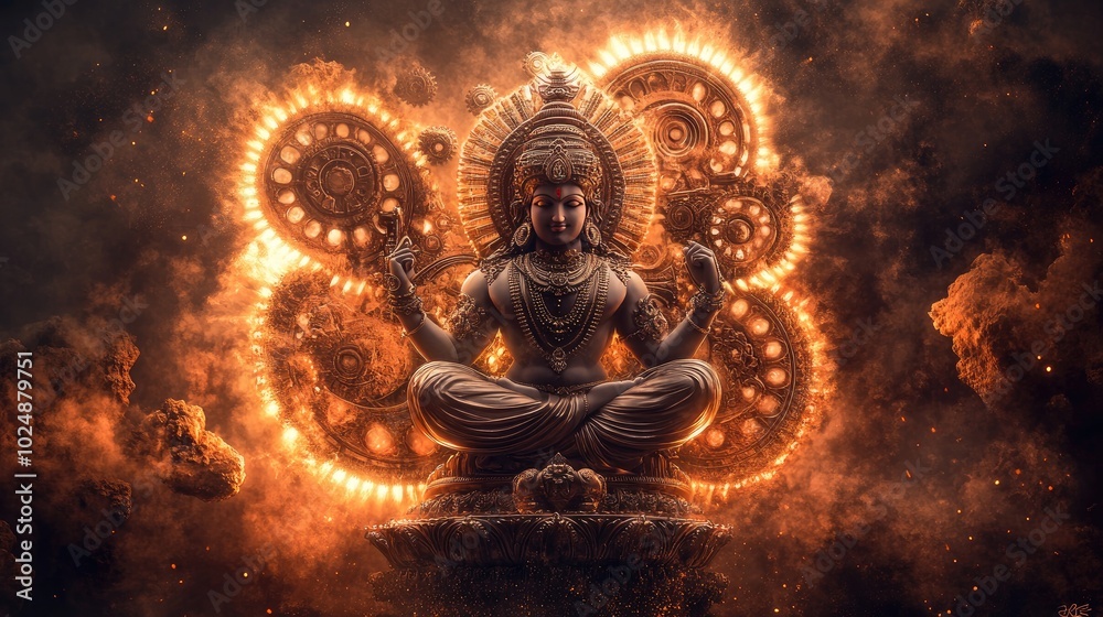 An awe-inspiring image of Lord Vishnu on a pedestal, with illuminated ...