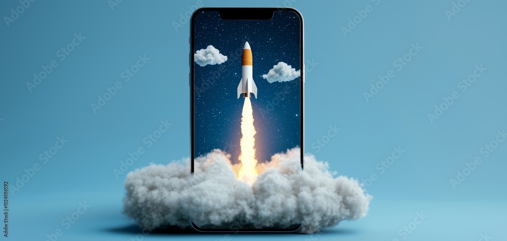 Smartphone with a rocket launch emerging from the screen, clouds of ...