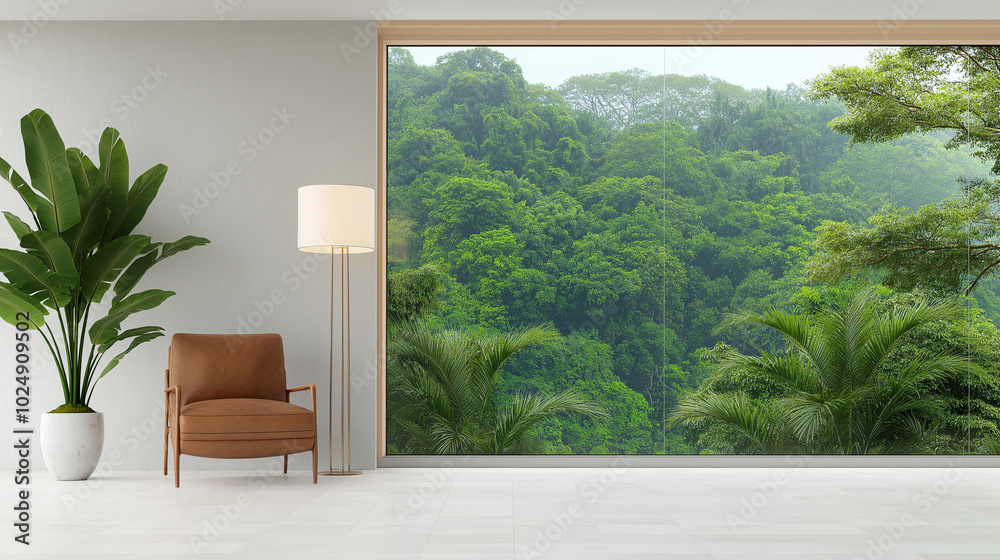 This scene depicts a modern interior space. Large windows allow ample ...