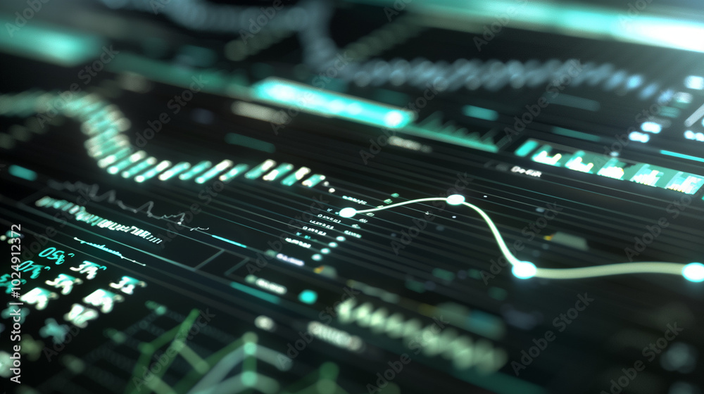 Close-up digital screen showing line graph with upward and downward ...