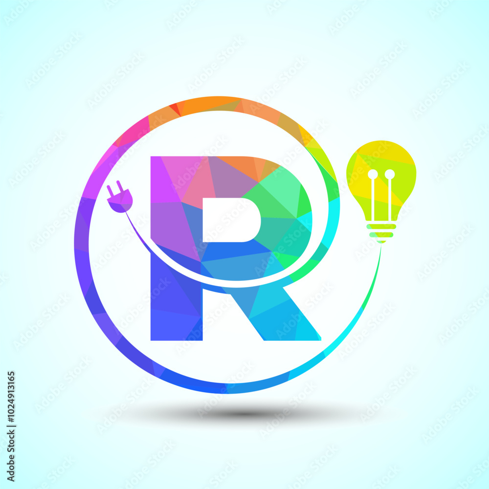 English alphabet R with electric bulb and plug. Low poly style ...