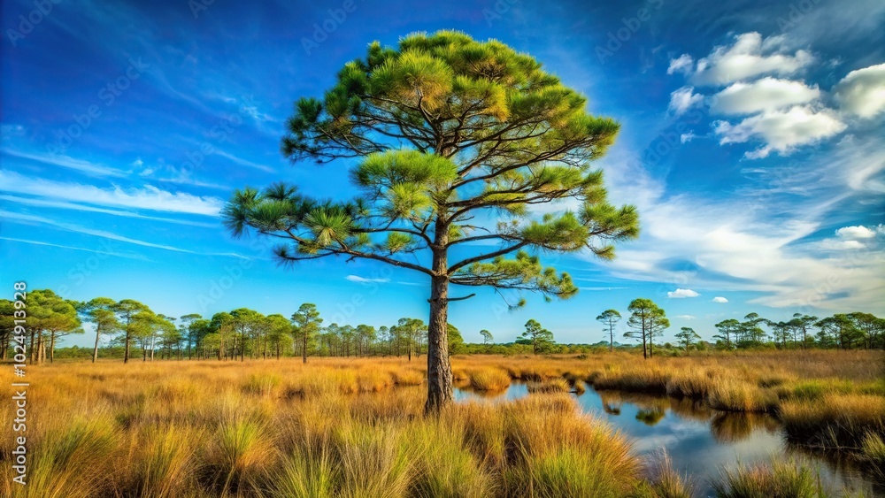 Pine tree in Southwest Florida marsh nature reserve with blue sky ...