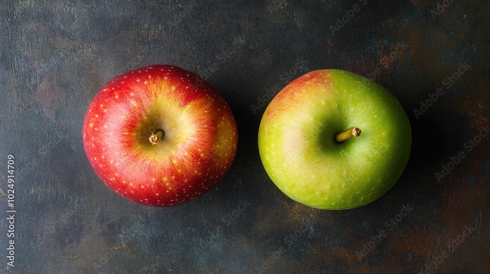 Top view of a red and green apple side by side on a minimal background ...