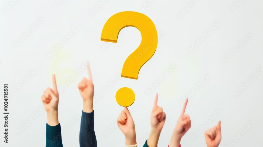 Diverse hands point to a question mark, symbolizing a shared search for ...