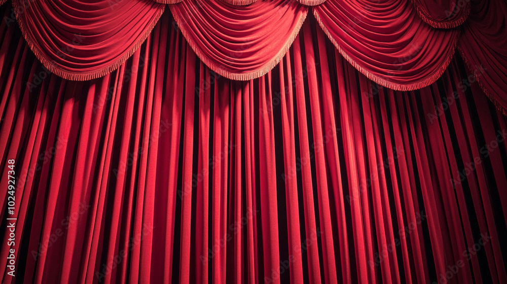 Rich red theater curtain with elegant draping ready for performance at ...