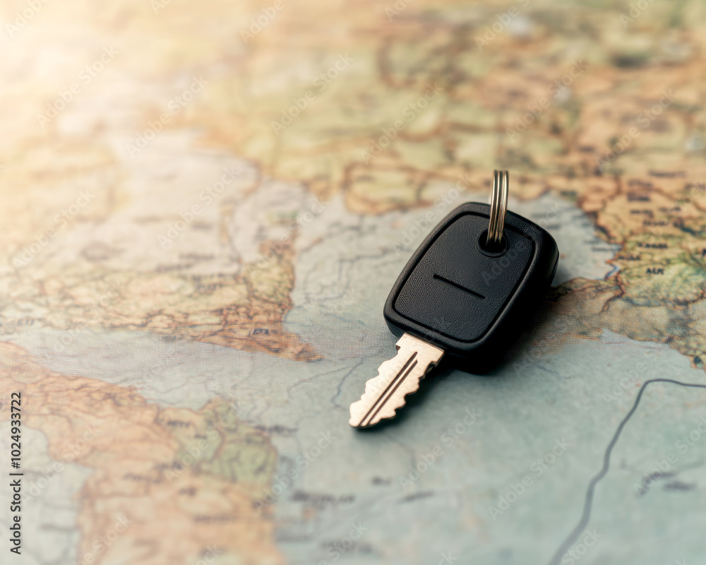 car key rests on detailed map, symbolizing adventure and travel ...