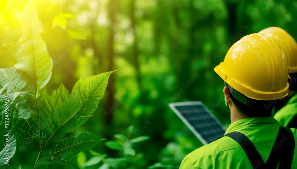 Engineers installing energy efficient infrastructure in lush green ...
