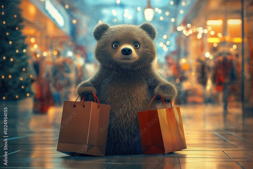 Brown bear poses with two red shopping bags in a mall. Bear stands on ...