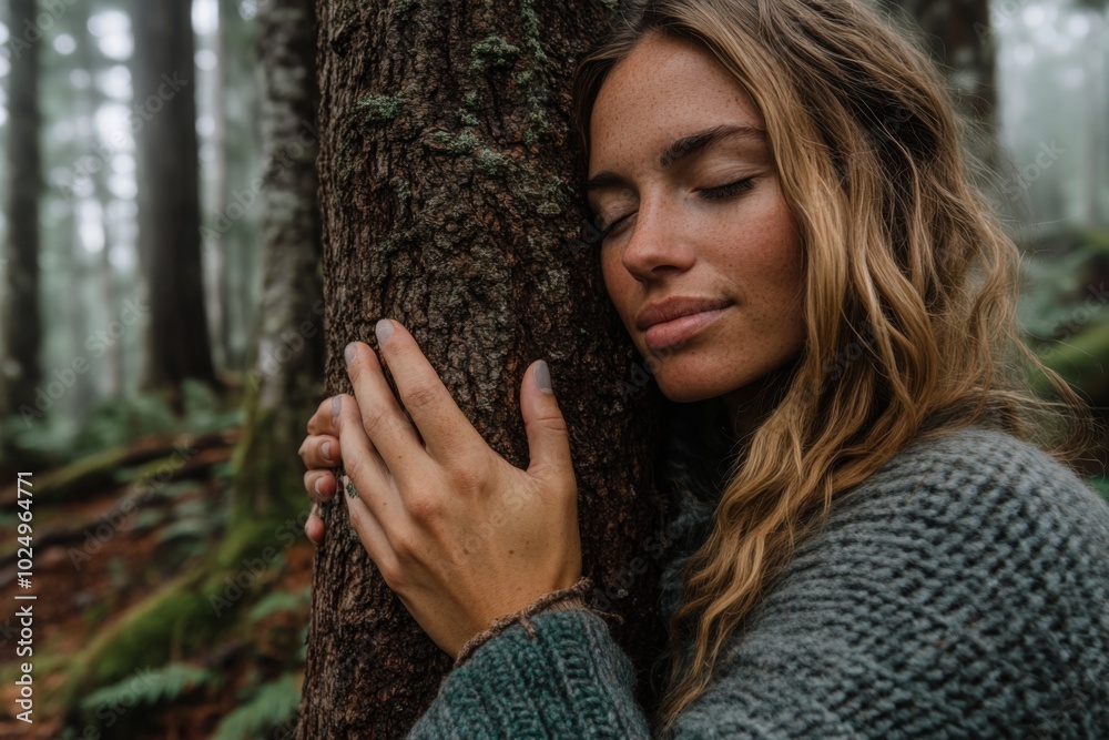 Banner of Woman hugging a big tree in a park. Womens hands hugging a ...