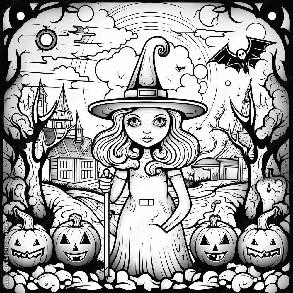 Magic halloween coloring page. Simple outline and shapes, easy and big ...