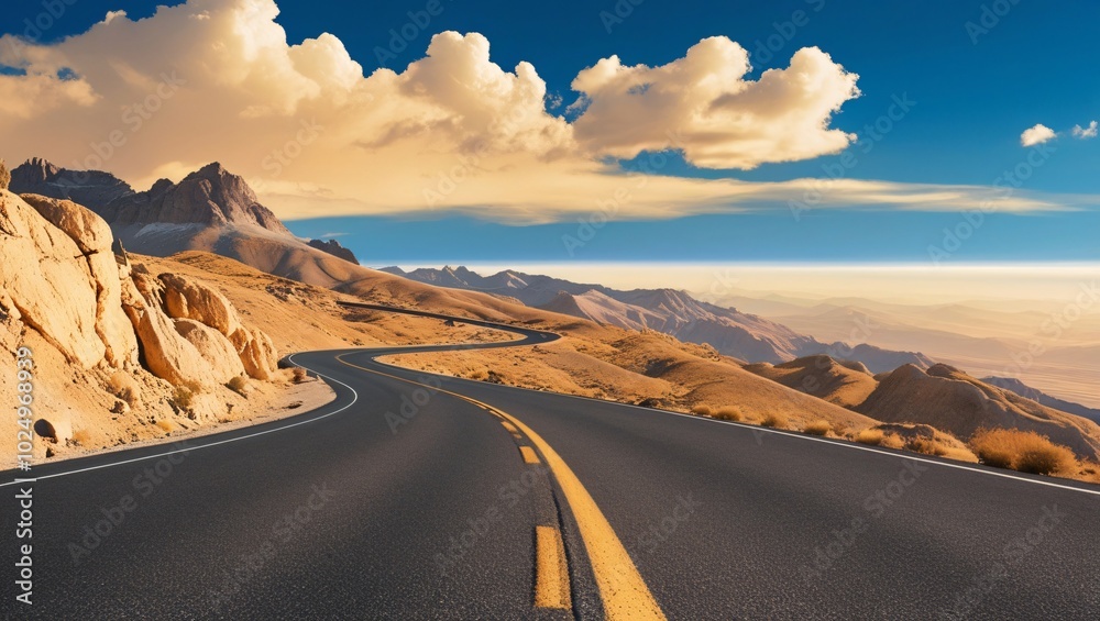 A long, open road stretching into the distant horizon, framed by rugged ...