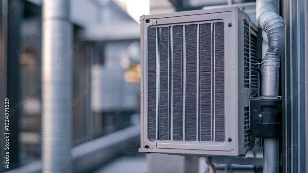 Modern air conditioning unit mounted on exterior wall of building ...