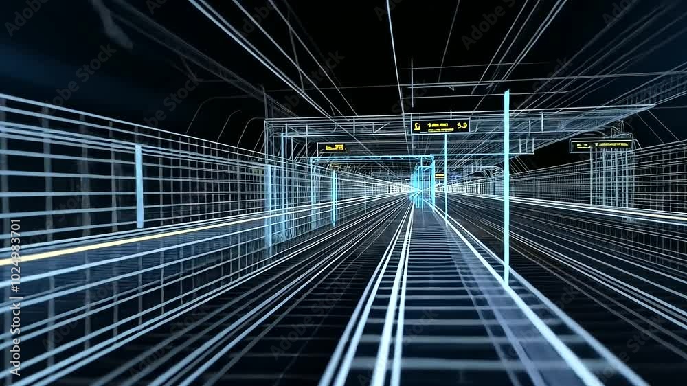 A 3D wireframe vector of a train station, with layers separating the ...