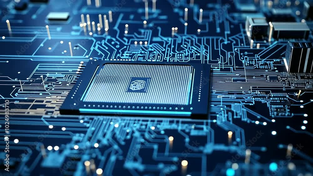 A 3D wireframe vector of a computer motherboard, with layers ...