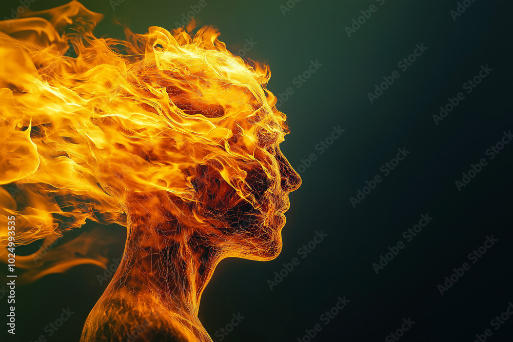 Burning head, silhouette on fire. Deadline, burnout at work concept ...