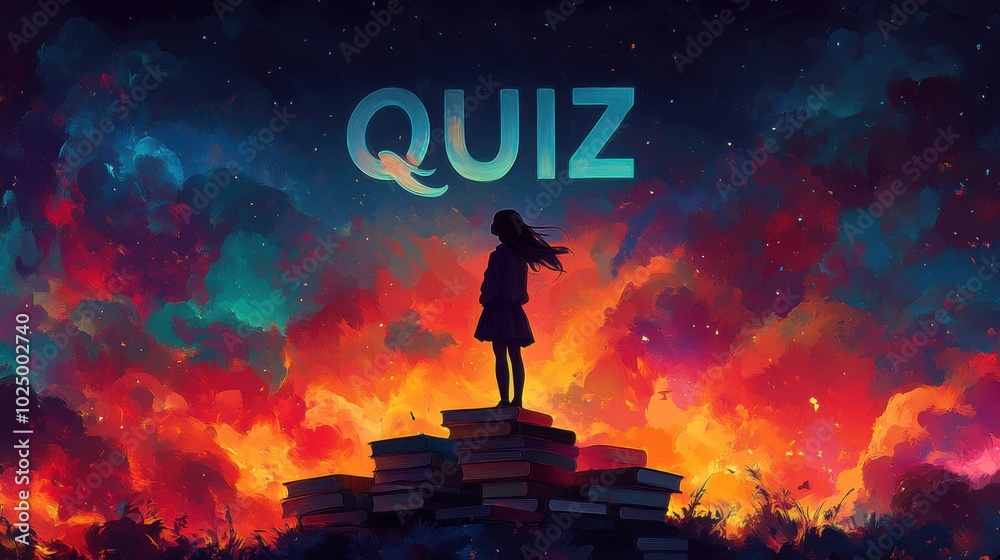 Quiz book cover with a girl standing on a stack of books Stock ...