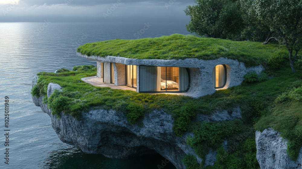 Eco-friendly modern house built on cliffside with green rooftop ...