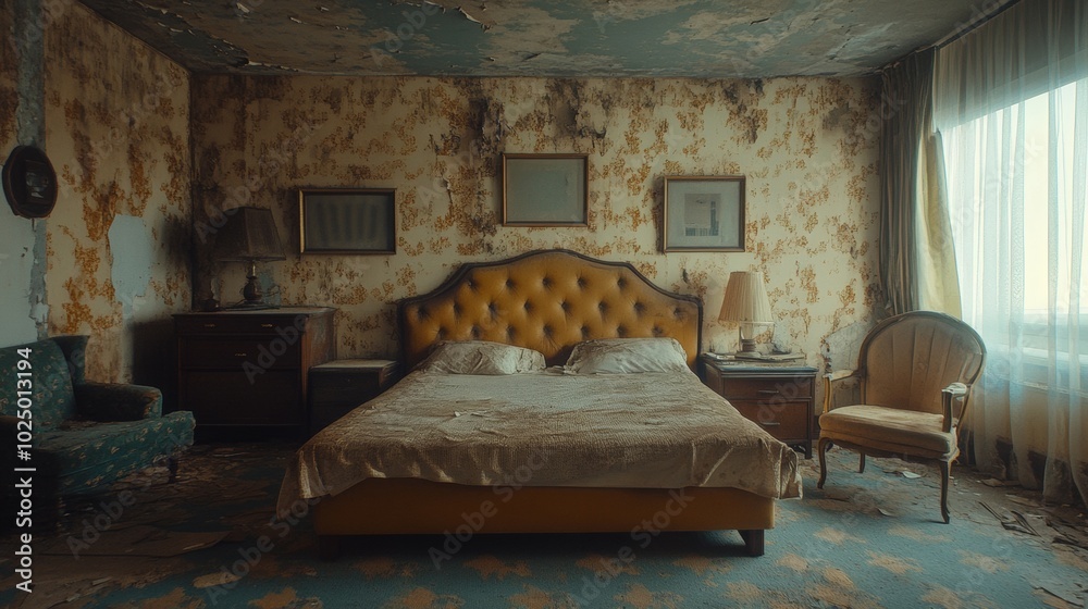 Abandoned Hotel Room, desolate atmosphere, peeling wallpaper, broken ...