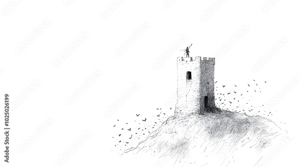 Detailed black and white line drawing depicting a lone archer standing ...