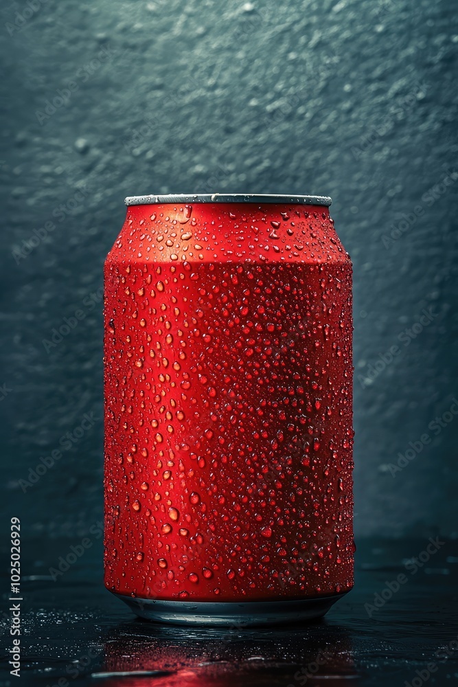 Red can of a soft drink with water droplets on a dark background, a ...