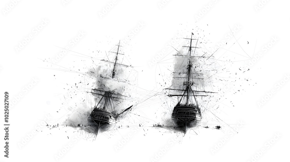 Dramatic Black Line Drawing of a Historic Naval Battle at Sea with ...