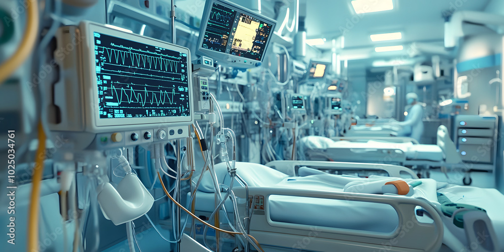 ภาพประกอบสต็อก Detailed image of life support machines and ventilators ...