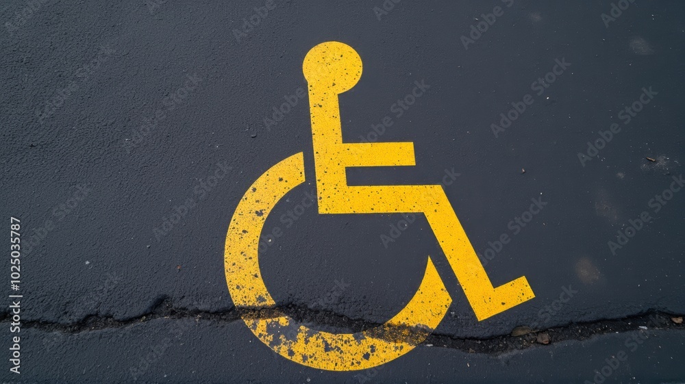 Yellow wheelchair symbol on asphalt indicating an accessible parking ...