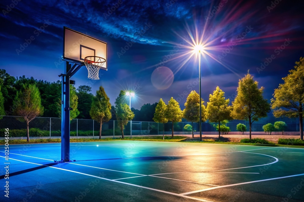 Basketball Court Under Spotlight at Night, Perfect for Dramatic Sports ...