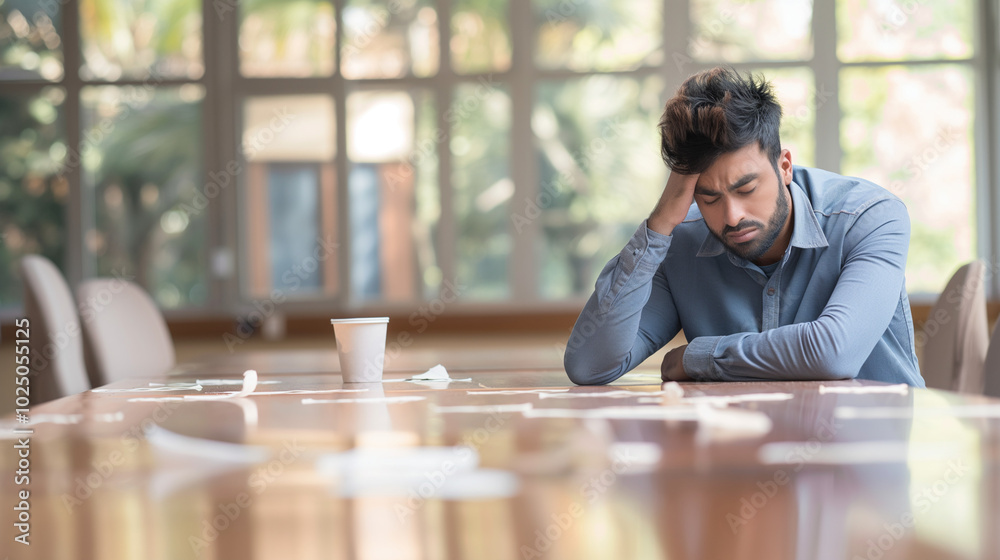 Man sitting alone at large empty conference table with sad expression ...