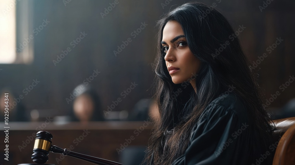 A South Asian female judge with long dark hair, presiding over a ...