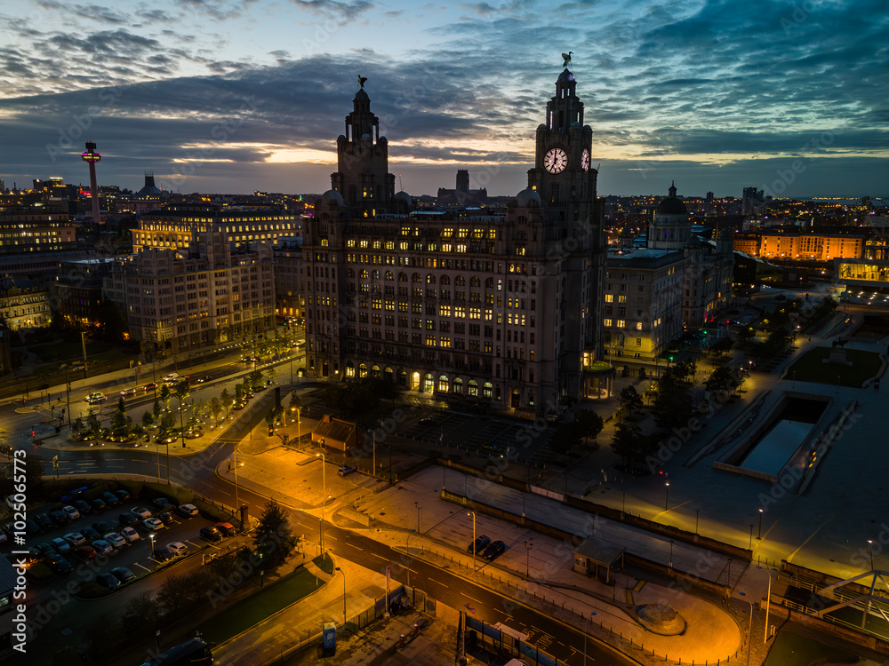Liverpool Liverpool skyline showing the royal liver building at dusk ...