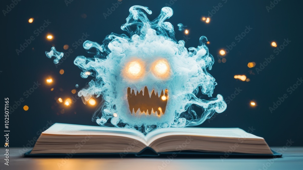 An open storybook with parchment pages depicting a frightening ...