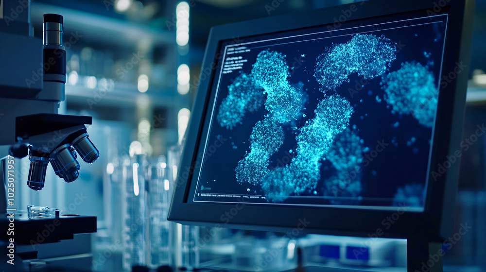 Microscope image of genetically engineered bacteria, displayed on a ...