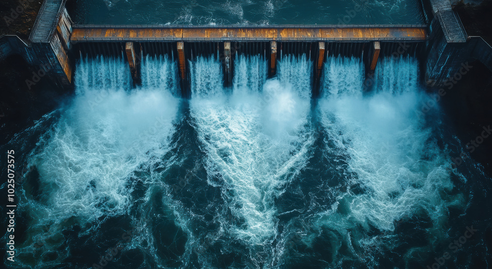 Aerial view of water cascading over dam, showcasing powerful energy ...