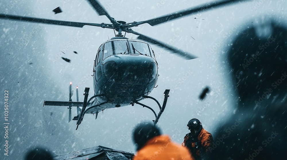 Helicopter rescue team pulling people from flooded rooftops during a ...