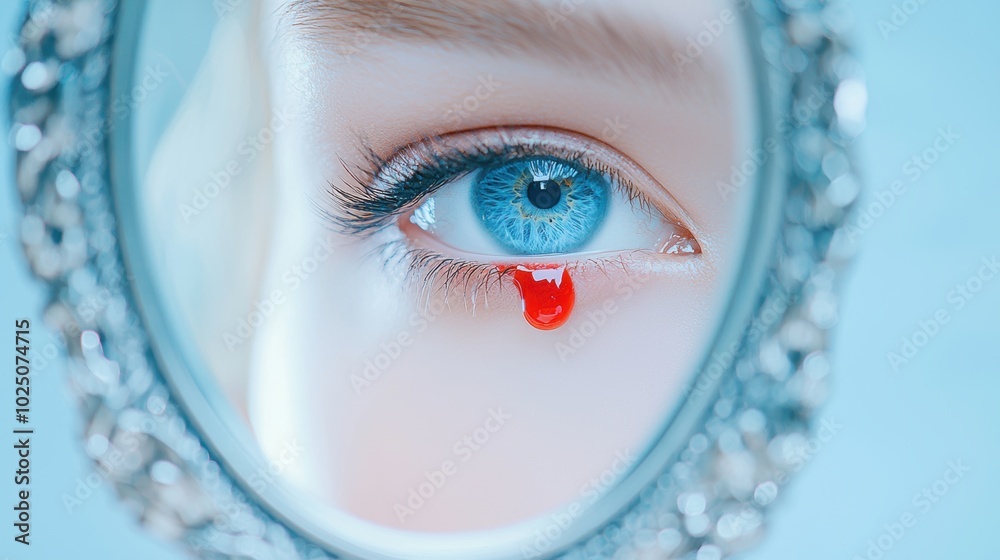 A beautiful woman with blood red lips and piercing blue eyes gazes at ...