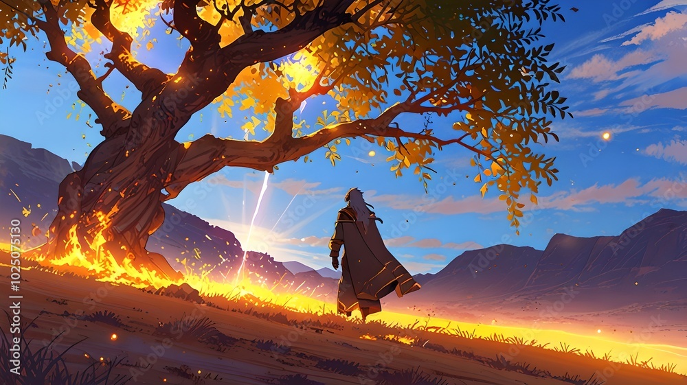 dramatic biblical scene depicting moses facing a luminous burning bush ...