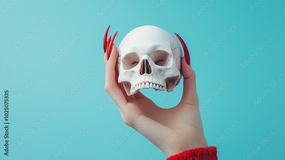 Pale hand with long sharp fingernails clutches a human skull its hollow ...