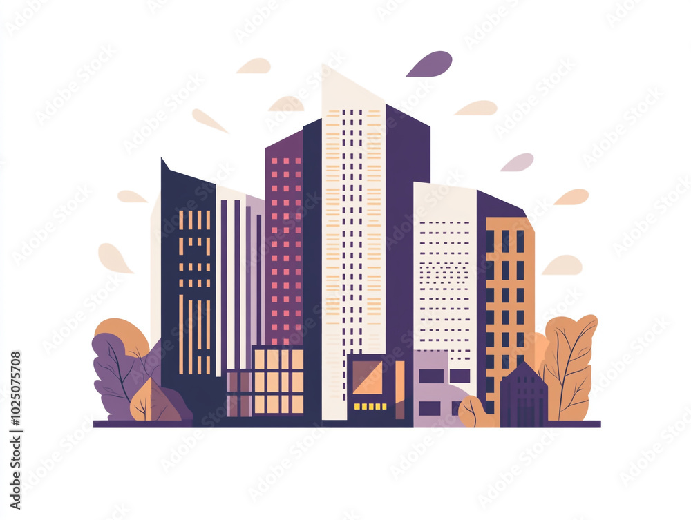 An illustration of modern city buildings, simple flat design with clean ...