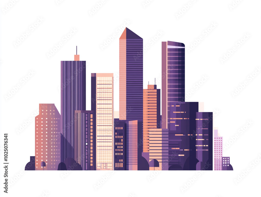 An illustration of modern city buildings, simple flat design with clean ...