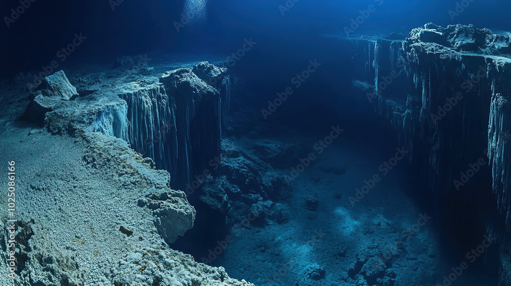 A rare underwater view of the Mariana Trench in the Pacific Ocean, in a ...