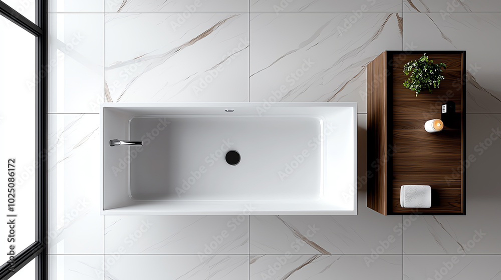 A top view of a modern bathroom with a freestanding bathtub, a walkin ...