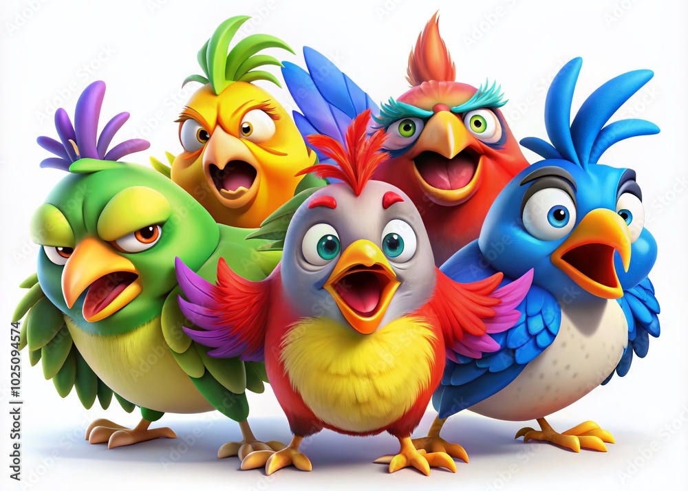 Colorful cartoon birds expressing anger and emotion in a fun and ...