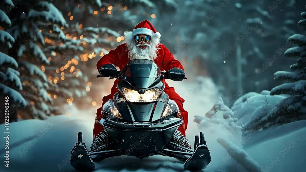 A man dressed as Santa Claus is riding a snowmobile. The scene is set ...