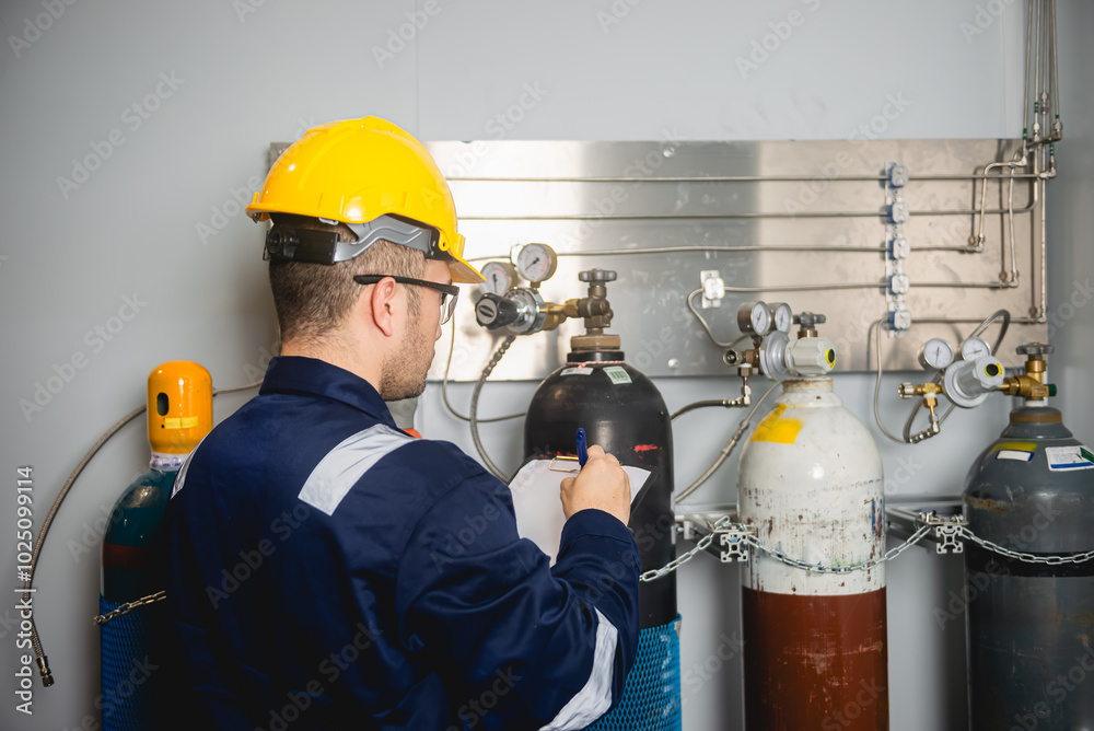 Engineers check the volume of gas tanks and check the pressure valves ...